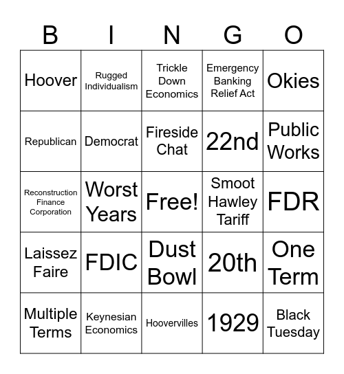 Great Depression Bingo Card