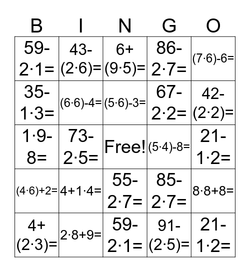 order of operations Bingo Card