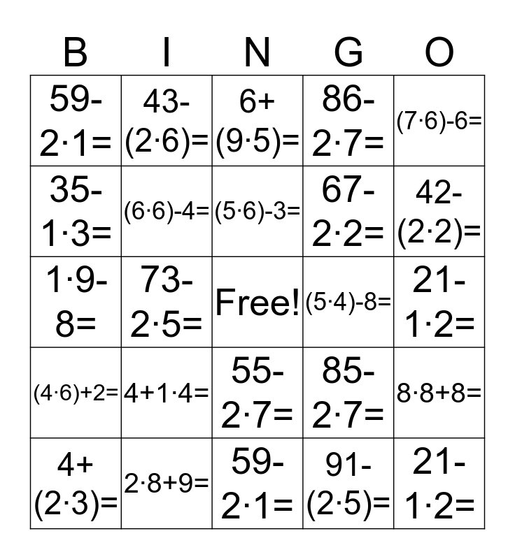 order of operations Bingo Card