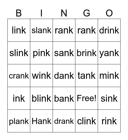 -ink and -ank Bingo Card