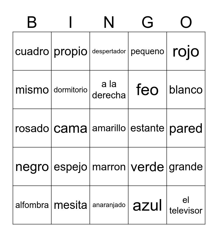 Realidades 1: 6A En Mi dormitorio Bingo Card