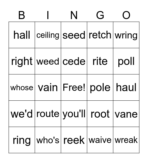 HOMOPHONE BINGO Card