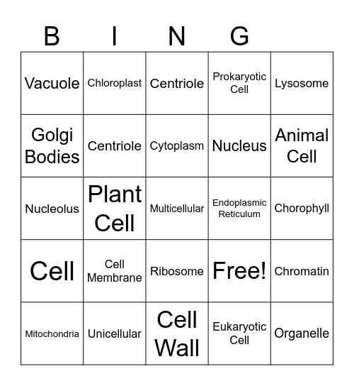Cell Structures Bingo Card