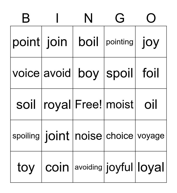 -oi and -oy Words Bingo Card