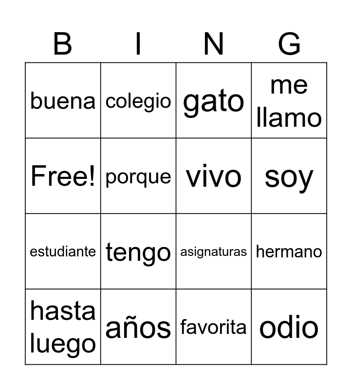 En el colegio Bingo Card
