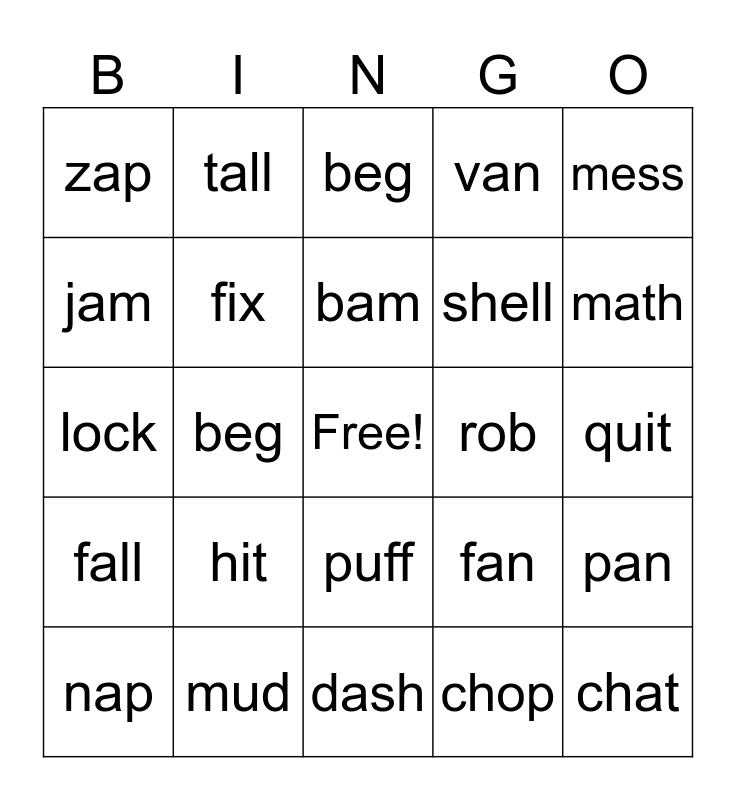 Fundations Level 1 Unit 2-5 Bingo Card