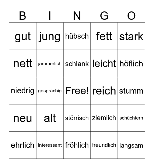 German Adjectives Bingo Card