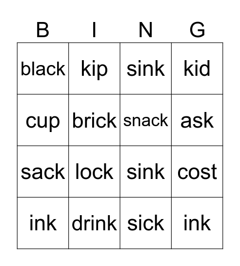 Words with a 'k' Sound Bingo Card