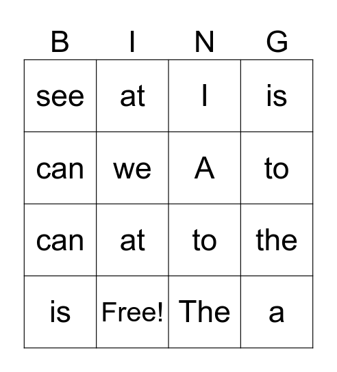 Sight Word Bingo Card