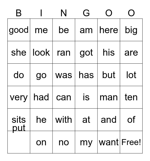 Sight Words Bingo Card