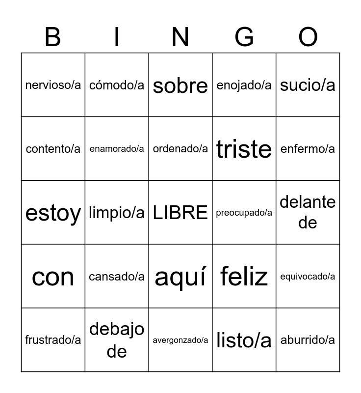 Estar con Emociones y Preposiciones Bingo Card