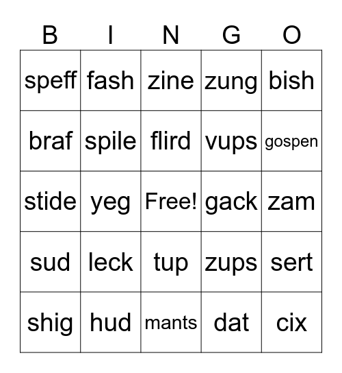 Nonsense Word Bingo Card