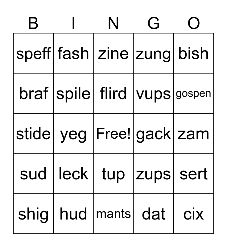 Nonsense Word Bingo Card