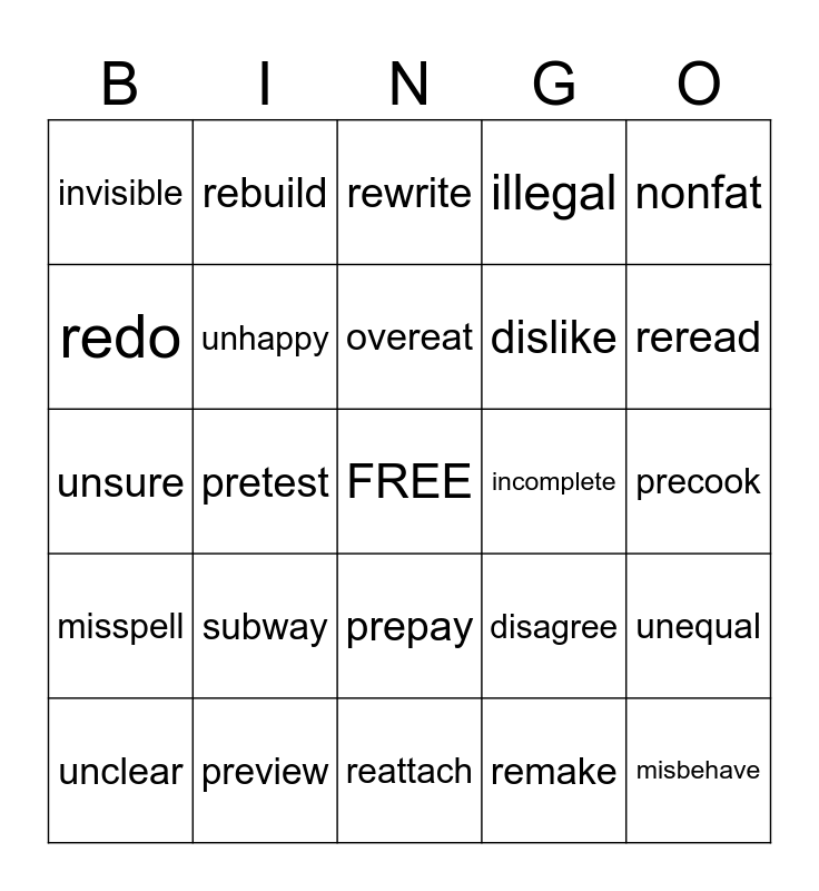 Prefix Bingo III Bingo Card