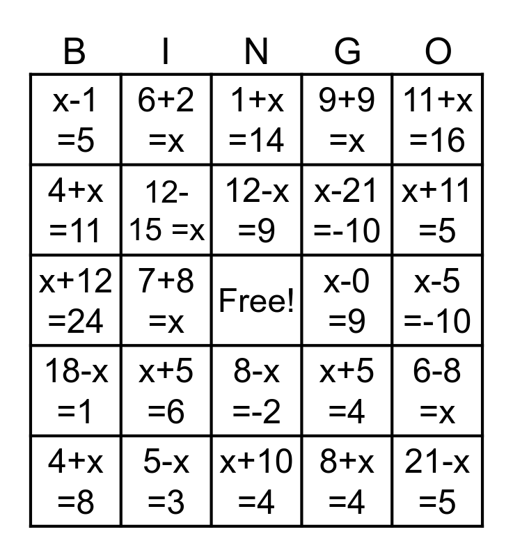 Sum and Difference Bingo Card