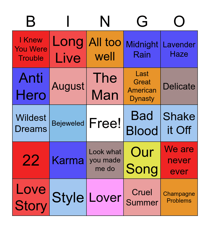 Taylor Swift Eras Movie Bingo Card