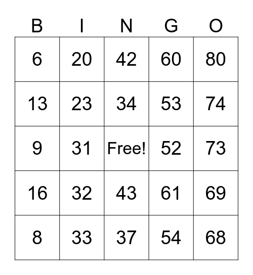 Number Bingo 1-83 Bingo Card