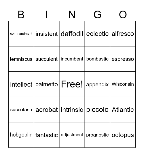 3 Syllable Word Bingo Card