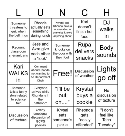 Lunch Bunch Bingo Card