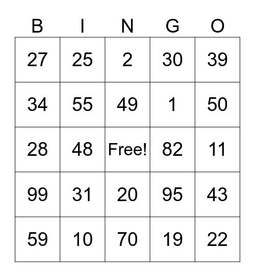 Number Bingo 1-75 Bingo Card