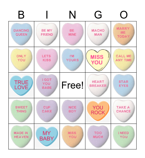 Conversation Hearts Bingo Card