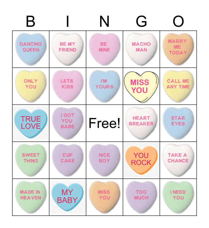 Conversation Hearts Bingo Card