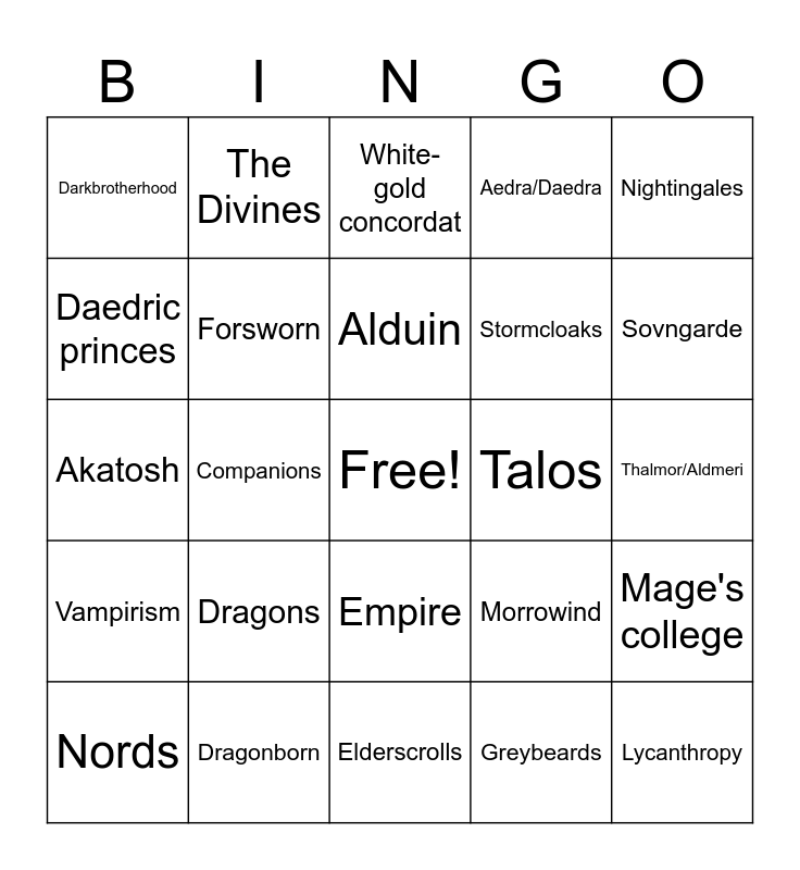 Skyrim lore Bingo Card