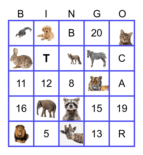 Animals & Numbers Bingo Card