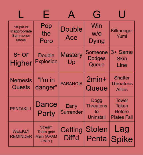 League Bingo Card