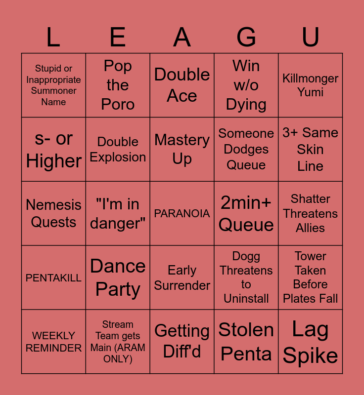 League Bingo Card
