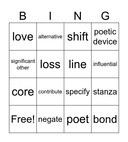 Poetry unit Bingo Card