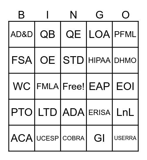 Benefit Boot Camp Bingo Card