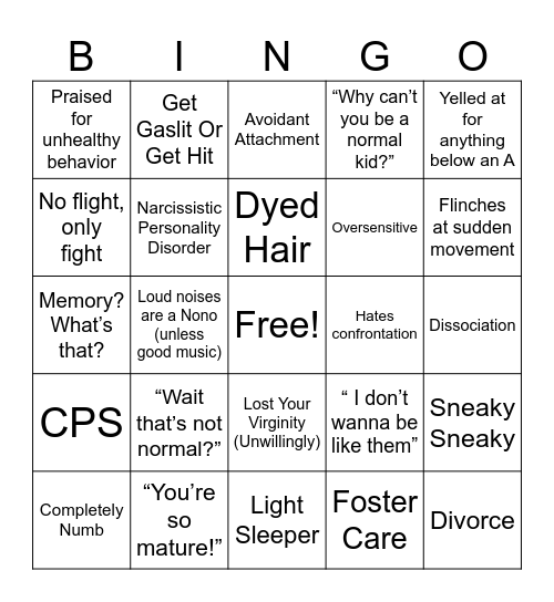 Trauma Bingo Card