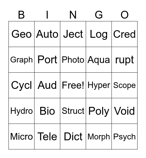 Prefix and Suffixes Bingo Card