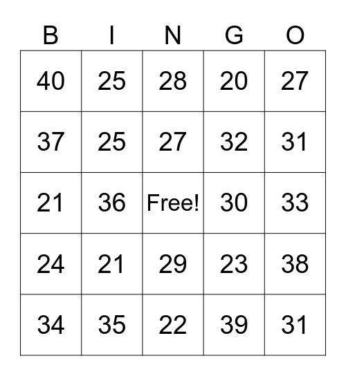 Numbers 20-40 Bingo Card