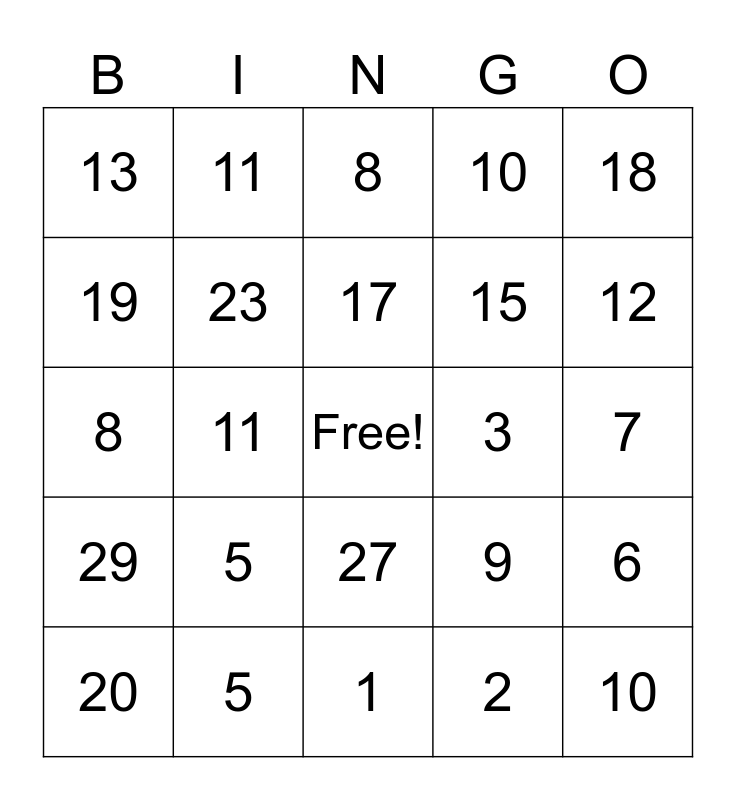Numbers Bingo Card