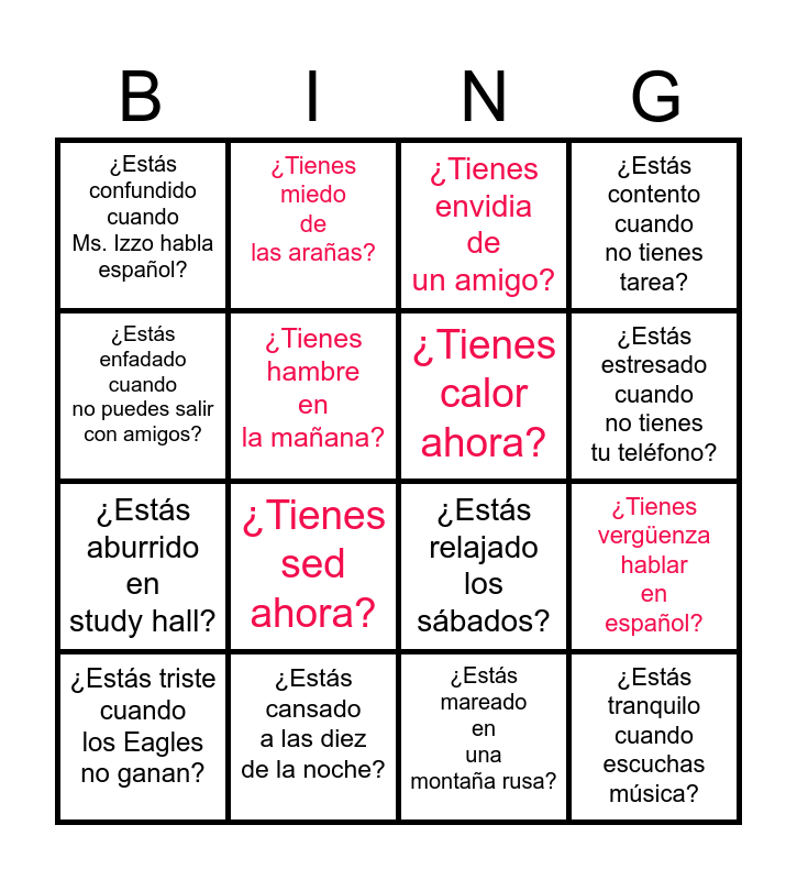 Ch. 8.1 -- ¿Estás....? Feelings with ESTAR Bingo Card