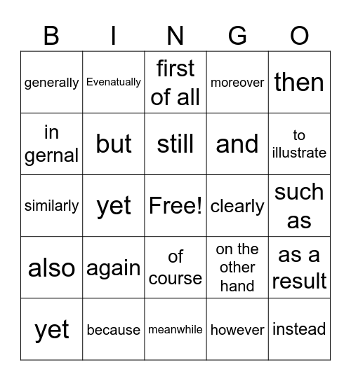 Transition Bingo Card
