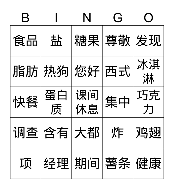 饮食 Bingo Card