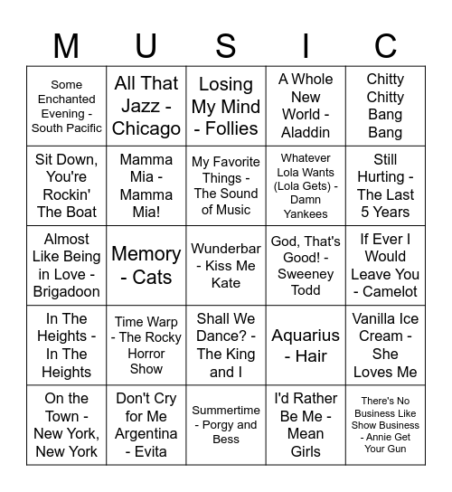 Show Tunes Bingo Card