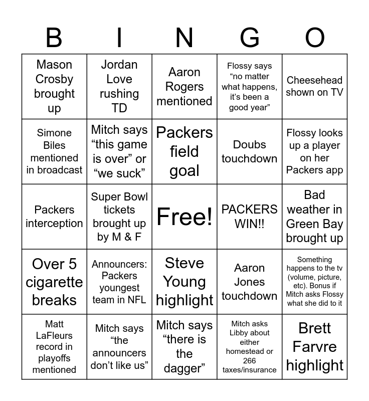Packers vs Niners Bingo Card