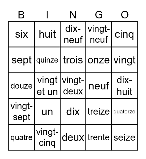 Les chiffres Bingo Card
