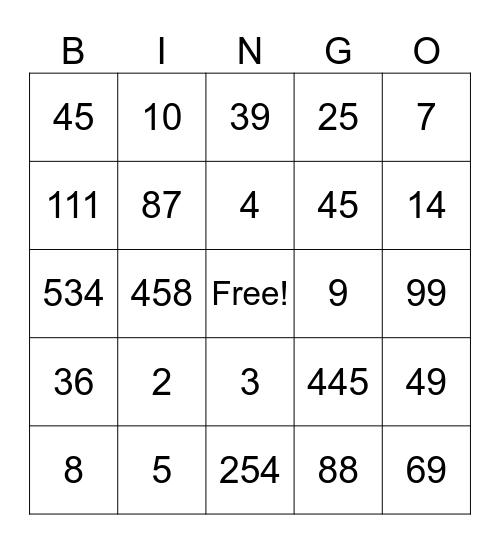 numbers Bingo Card