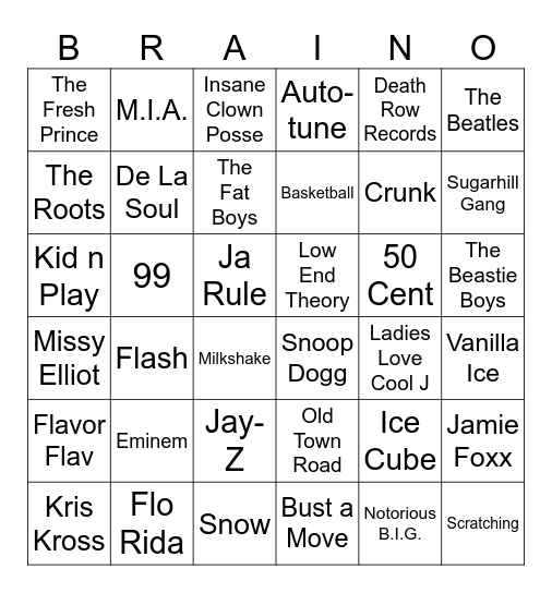 Hip Hop BRAINO Bingo Card