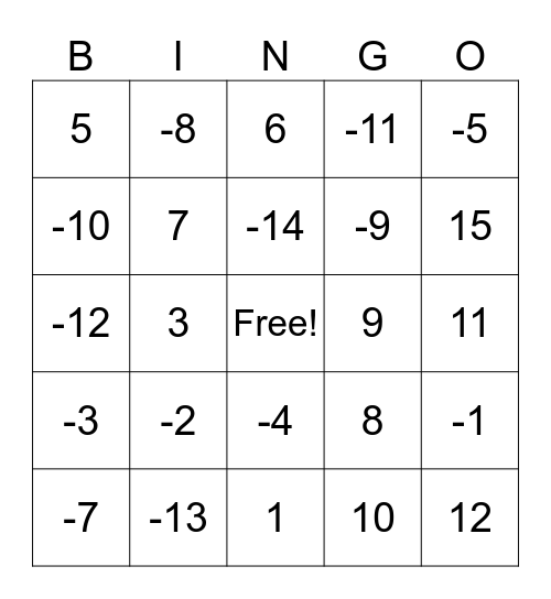Bingo Card -15 to 15 Bingo Card