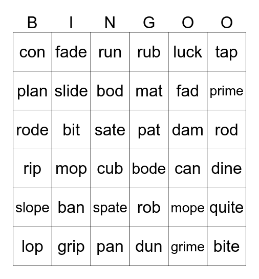 Long vs. Short Vowel BINGO Card