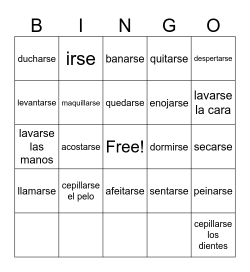 Verbos Reflexivos Bingo Card