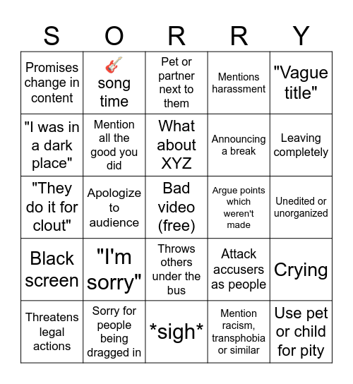 Youtube Apology Bingo Card