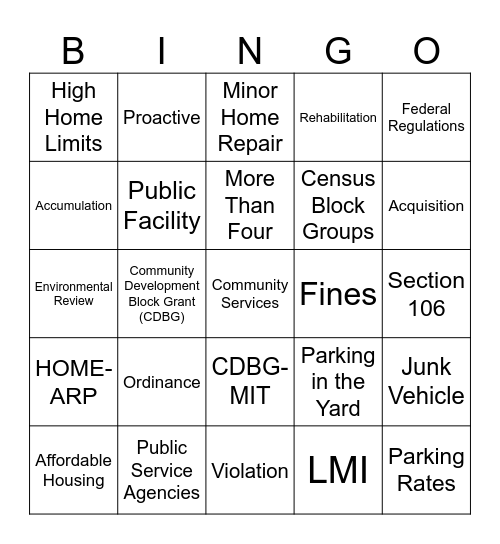 Community Services Bingo Card