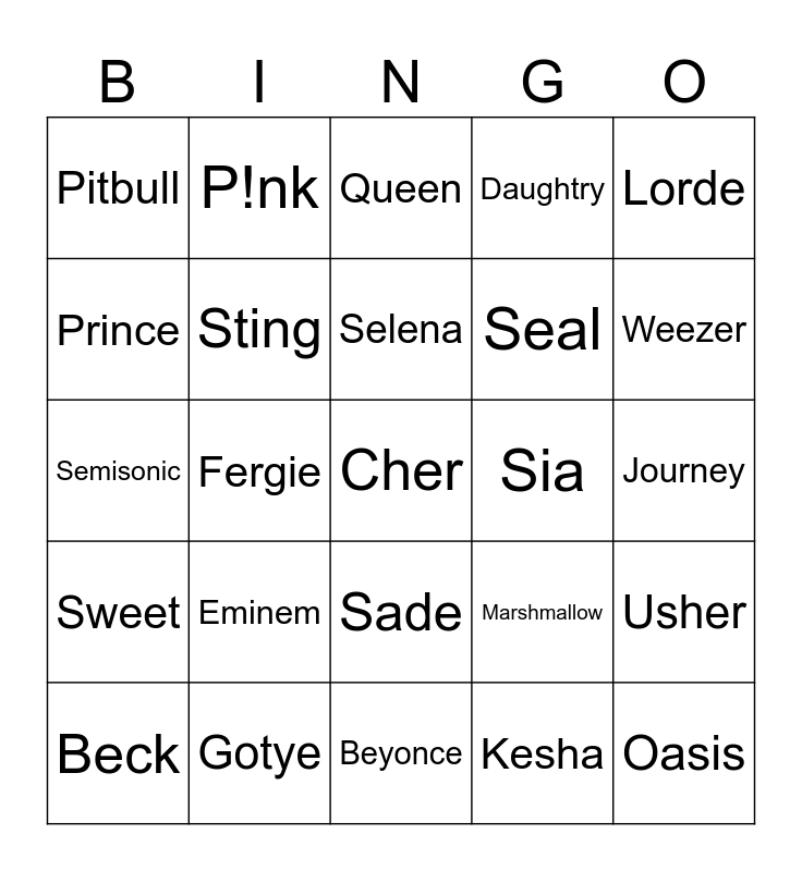 One Name Band Bingo Card one-name-band-bingo-card